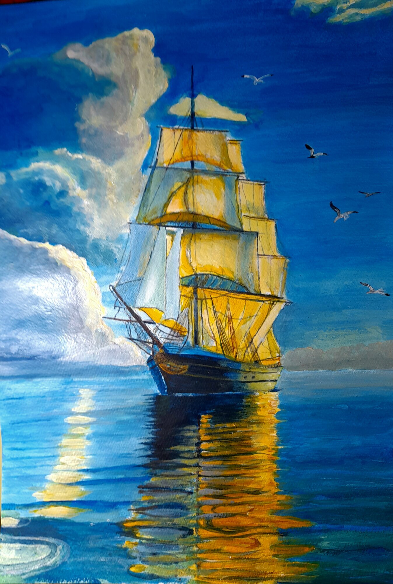 Картина Парусник на море, море в штиль, живопись акрилом, рамка.