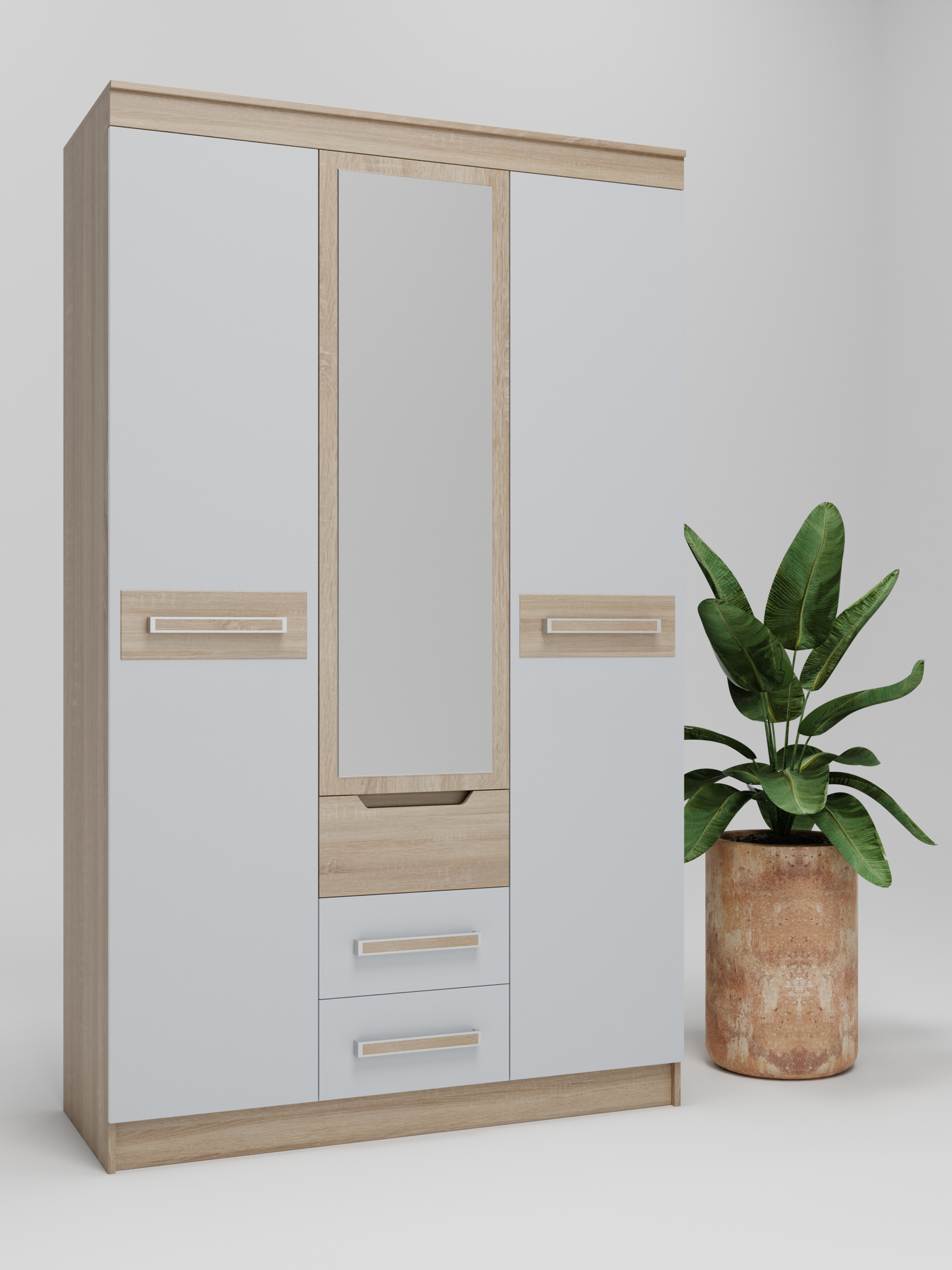 Шкаф для одежды распашной трех створчатый с зеркалом, с ящиками, Домино сонома/белый лофт