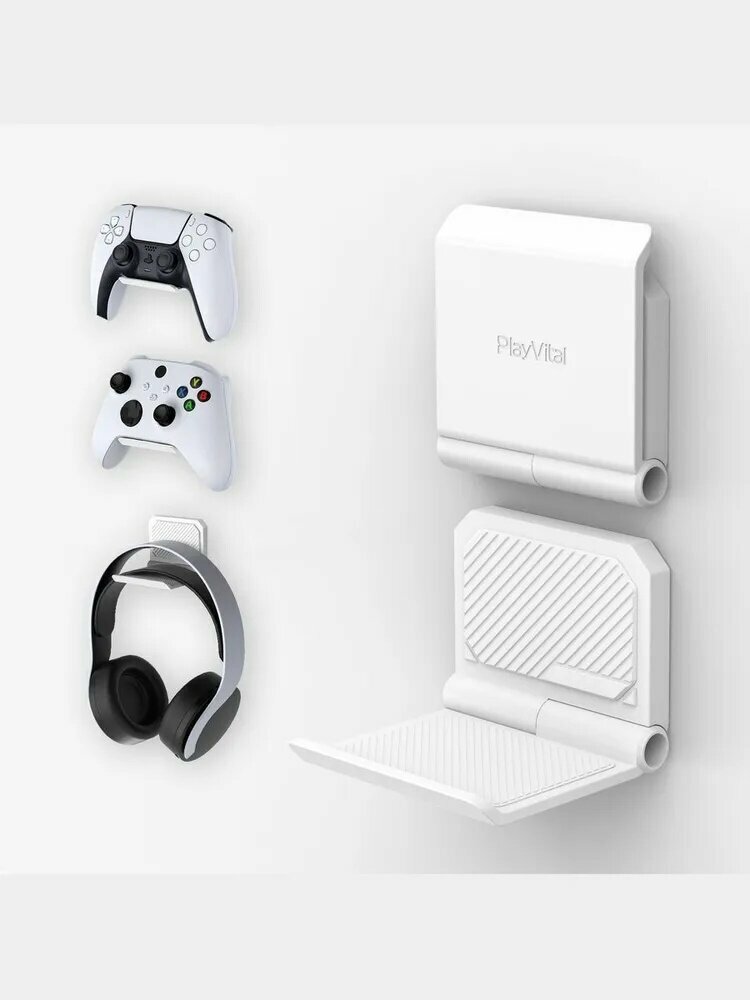 PlayVital Держатель FOLD для контроллеров и наушников, Настенный органайзер PS5 PS4 Xbox Switch 2 Pro, складной, противоскользящий, съемный, 2 шт, белый