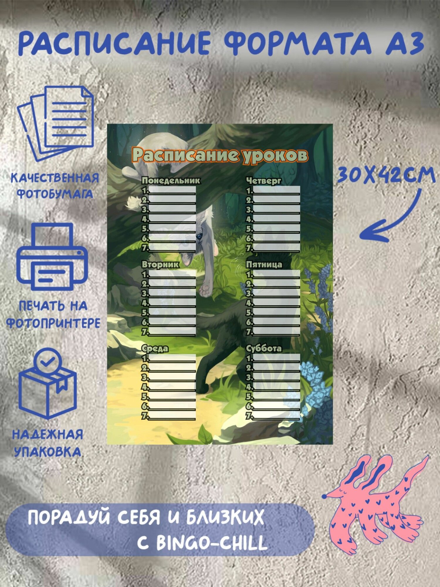 Расписание уроков формата А3 с принтом "Коты воители"