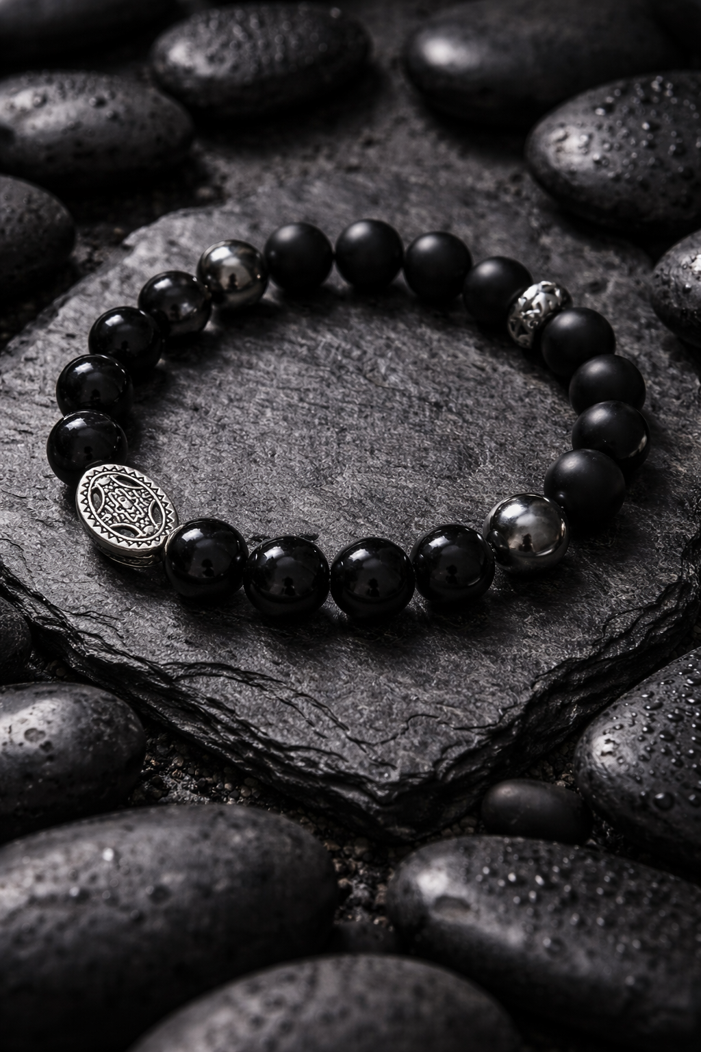 Браслет-нить, гематит, оникс, агат