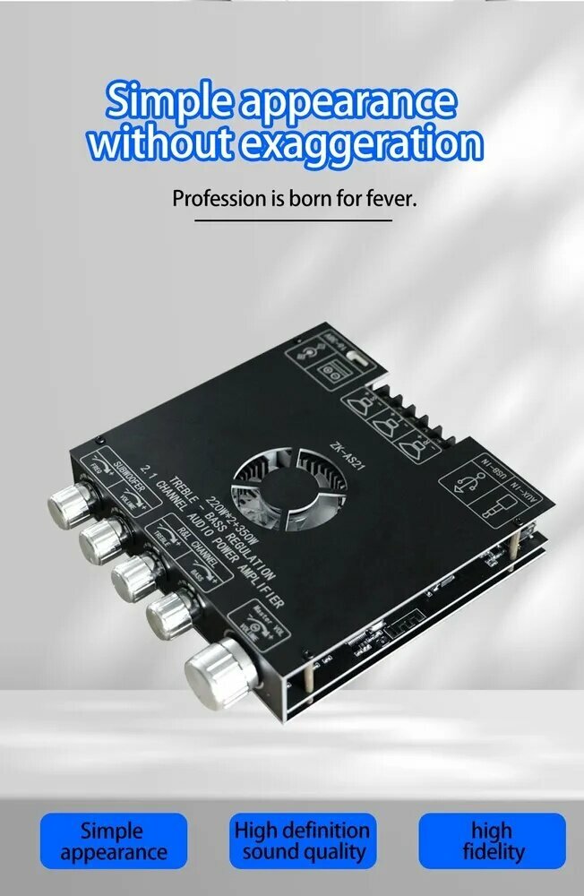 ZK-AS21 2,1-канальный TPA3255 Bluetooth-совместимый цифровой усилитель мощности, модуль платы сабвуфера с высокими басами 220WX2 + 350 Вт