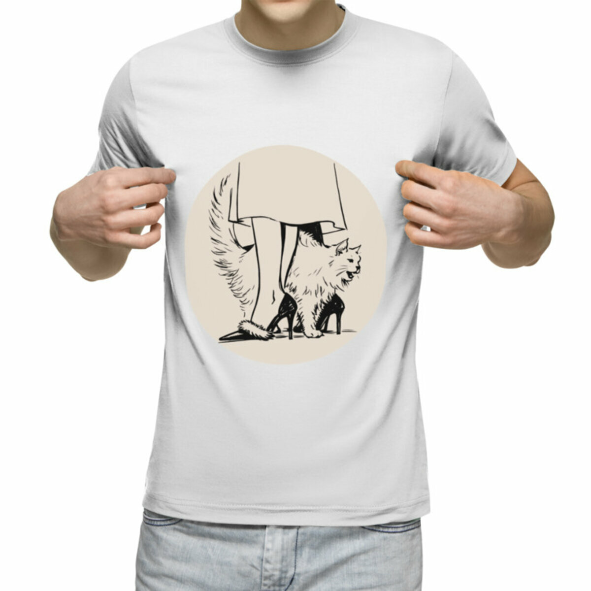 Мужская футболка «Кошка между ног женщины в туфлях» (белый, 2XL)