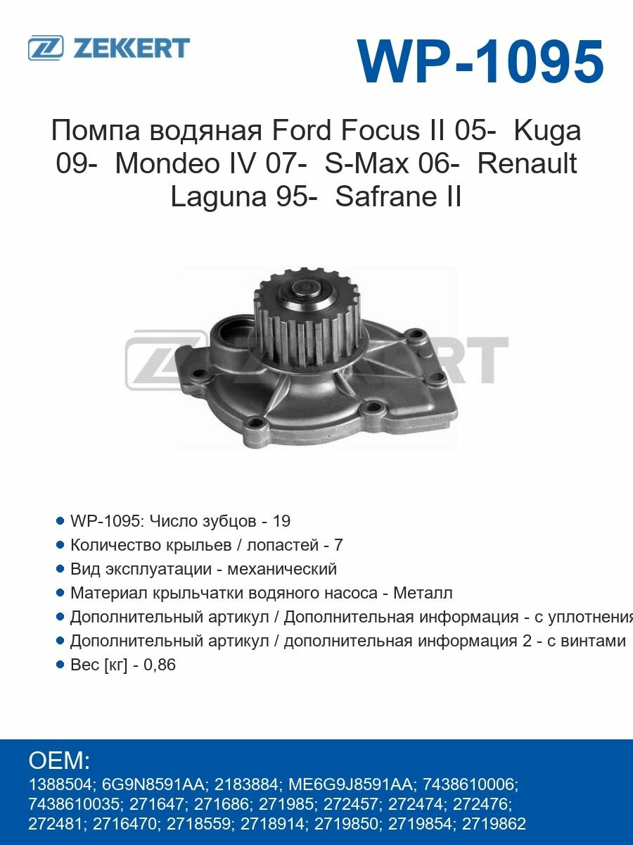 Zekkert Помпа водяная Ford Focus II с 2005 года Kuga с 2009 года Mondeo IV с 2007 года S-Max с 2006 года Renault Laguna с 1995 года Safrane II