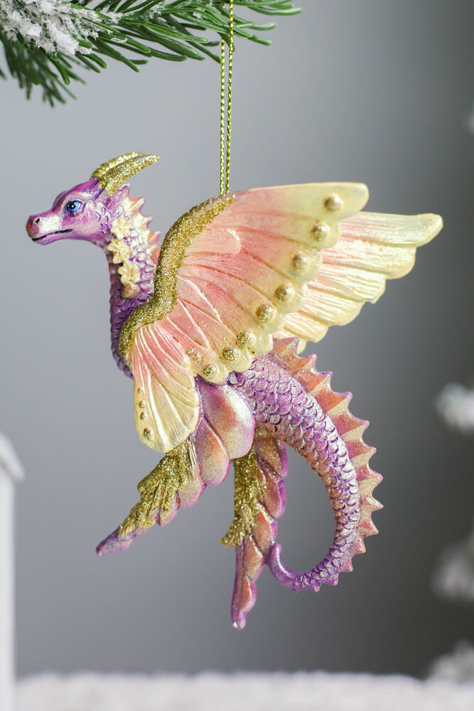 Ёлочная игрушка златорогий дракон, полистоун, сиреневый, 12 см, Kurts Adler E1126-2