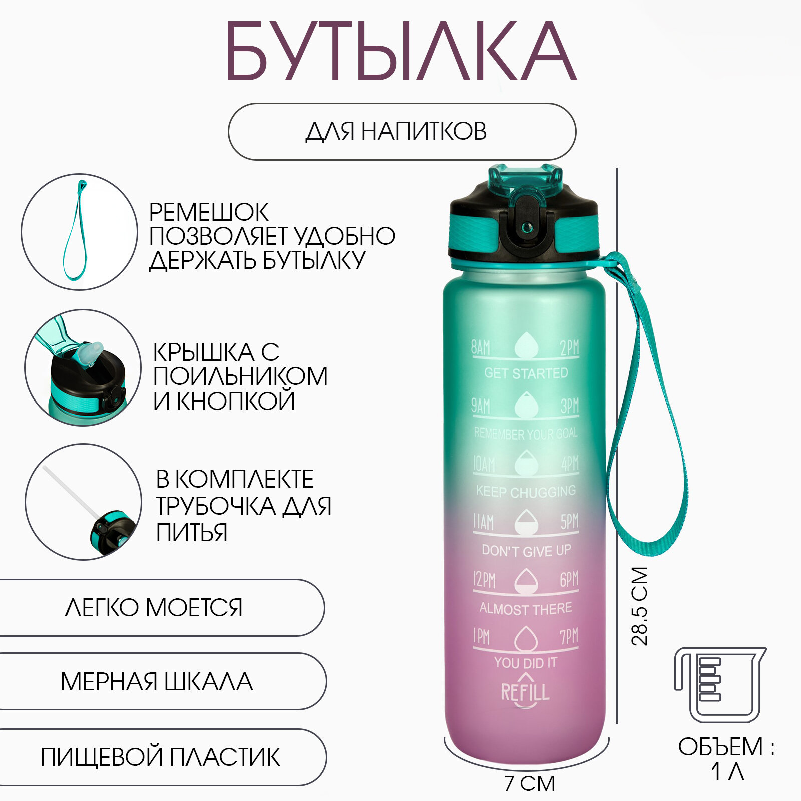 Бутылка для воды Refill, 1 л, 28.5х7 см