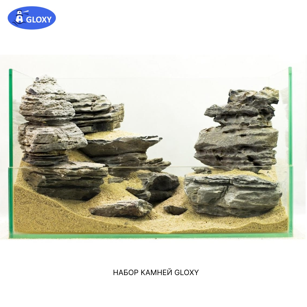 Набор камней Gloxy "Черная скала", для аквариума и террариума, разные размеры, серый