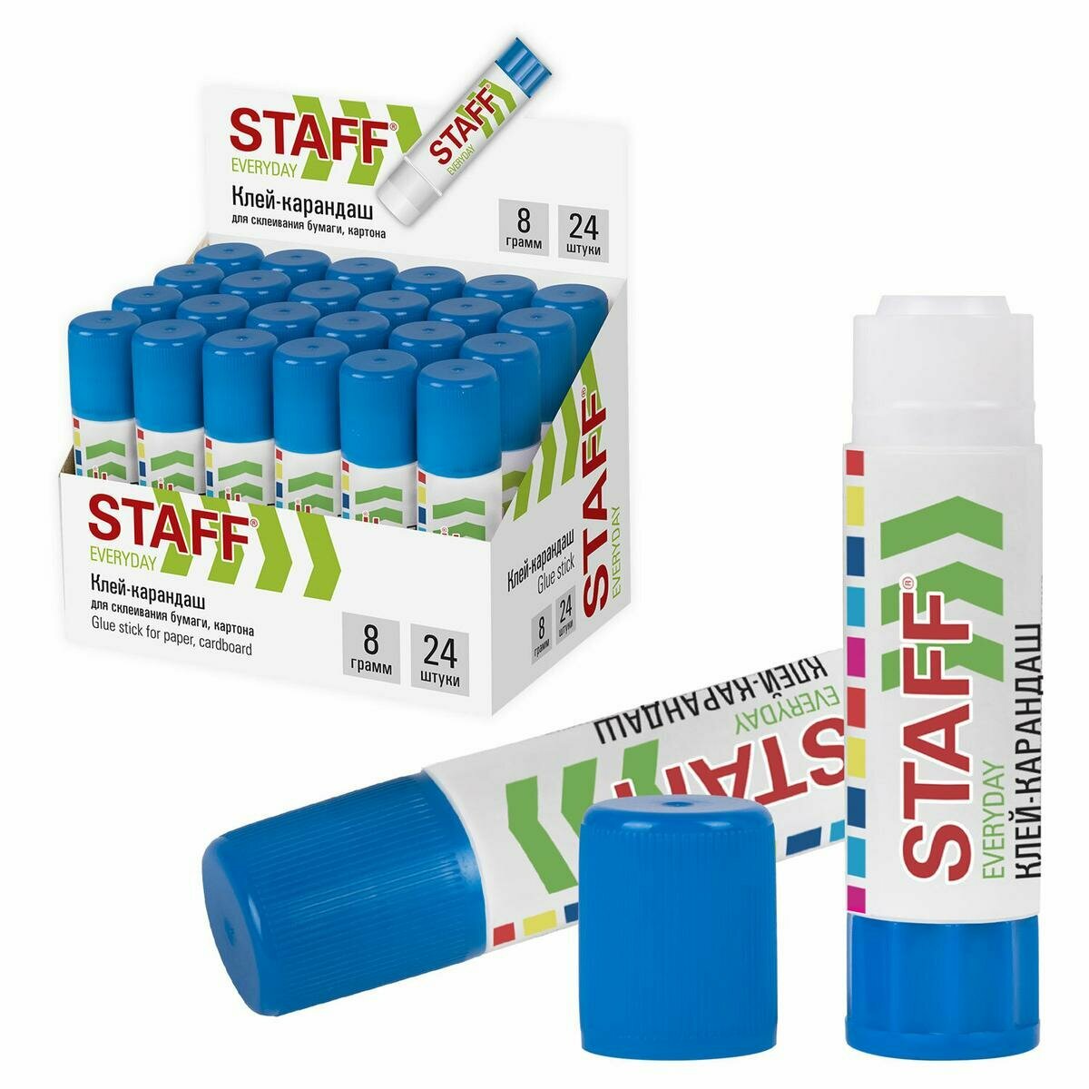 Клей-карандаш "Everyday", 8 г, нетоксичный, синий колпачок, для бумаги и картона, STAFF