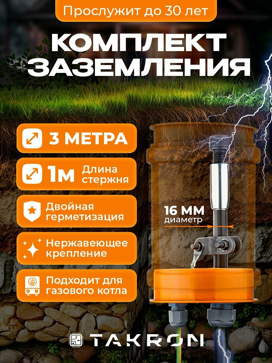 Заземление комплект для дома 3 метра сталь 16мм TAKRON / стержни длиной 1 метр