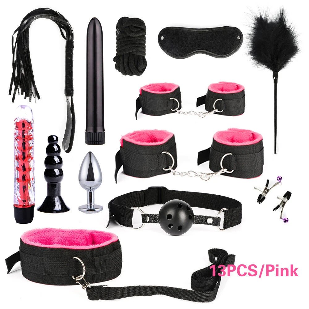 Набор БДСМ 13pcs pink: наручники, зажимы, плетка, вибратор