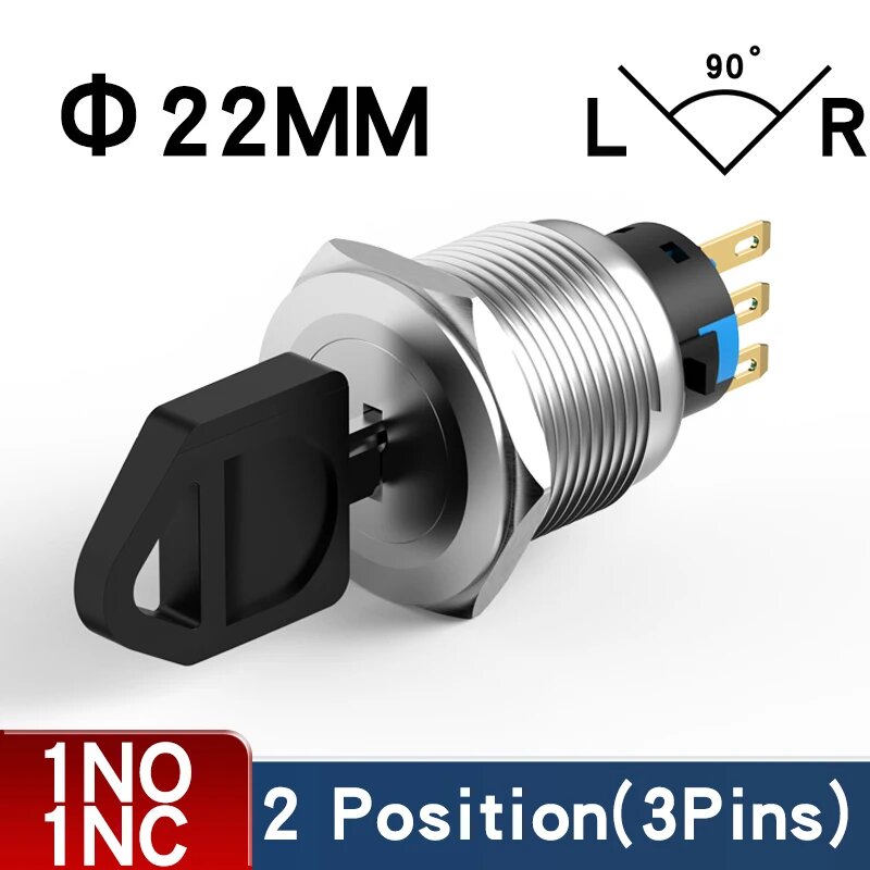 Металлический поворотный переключатель с ключом из нержавеющей стали 22MM 3Pins, Fixed Self-locking