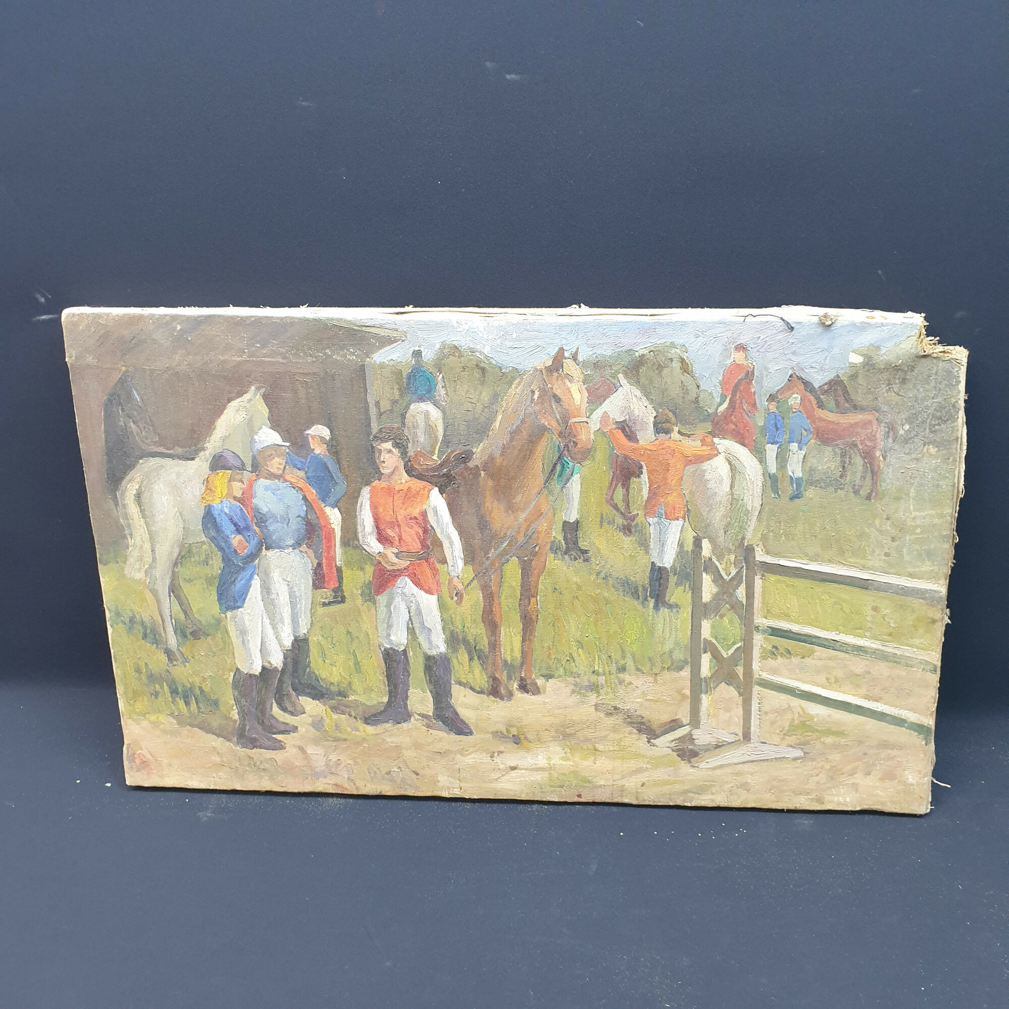 Винтажная картина Конные соревнования, холст, масло, 80х50 см, без рамы.