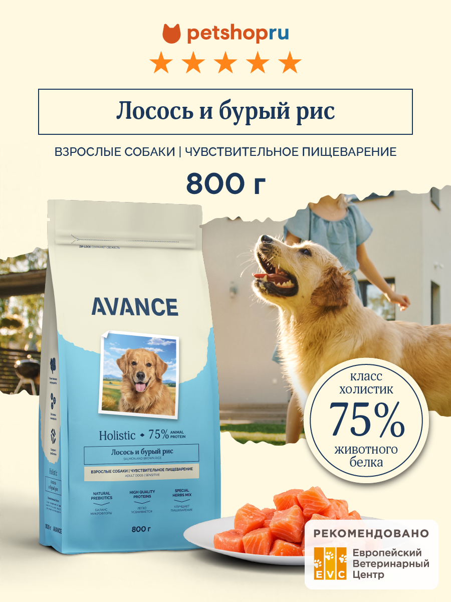 AVANCE холистик Полнорационный сухой корм для взрослых собак с чувствительным пищеварением с лососем и бурым рисом, Sensitive digestion salmon and brown rice, 800 г