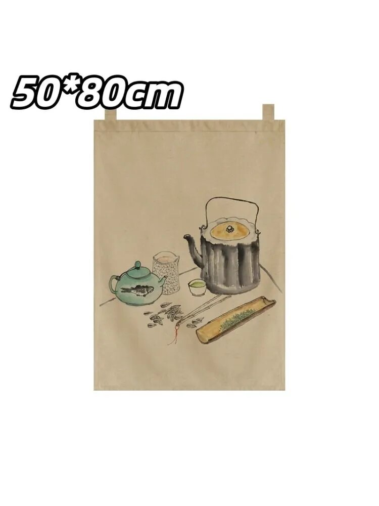 Занавеска на дверь 50x80 см темно-бежевый, для дверного проема, с рисунком чайной церемонии
