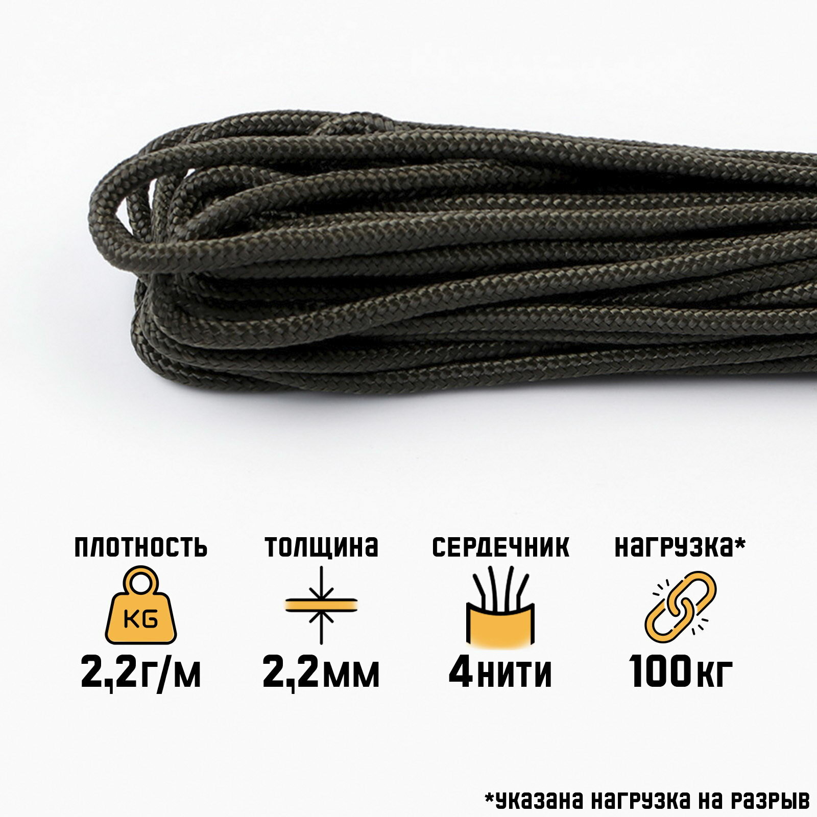 Паракорд 275, d=2.2 мм, 10 м, нейлон, цвет хаки, вид: паракорд