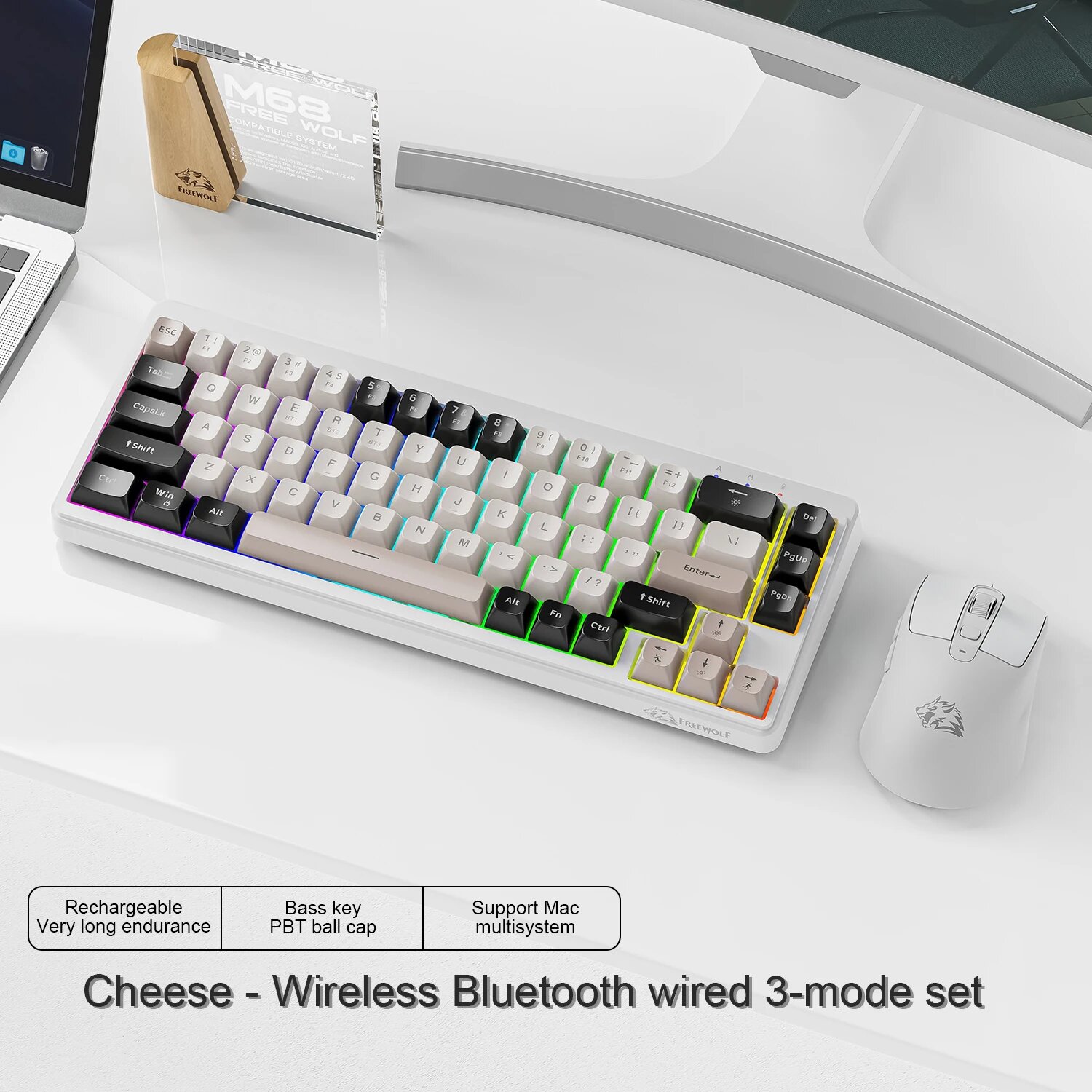 FREEWOLF M68 Беспроводный Комплект Клавиатуры и Мыши Cheese Set