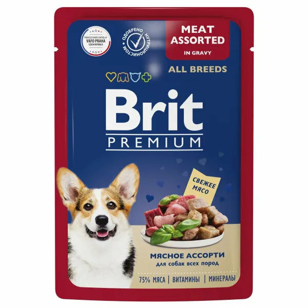 BRIT PREMIUM, Пауч для взрослых собак всех пород, Мясное ассорти в соусе, 85г