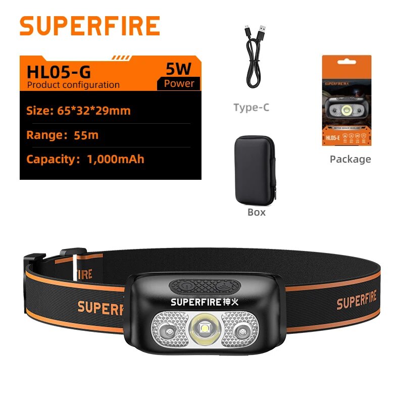 SUPERFIRE HL05-G Налобный Фонарь 5W 1000mAh