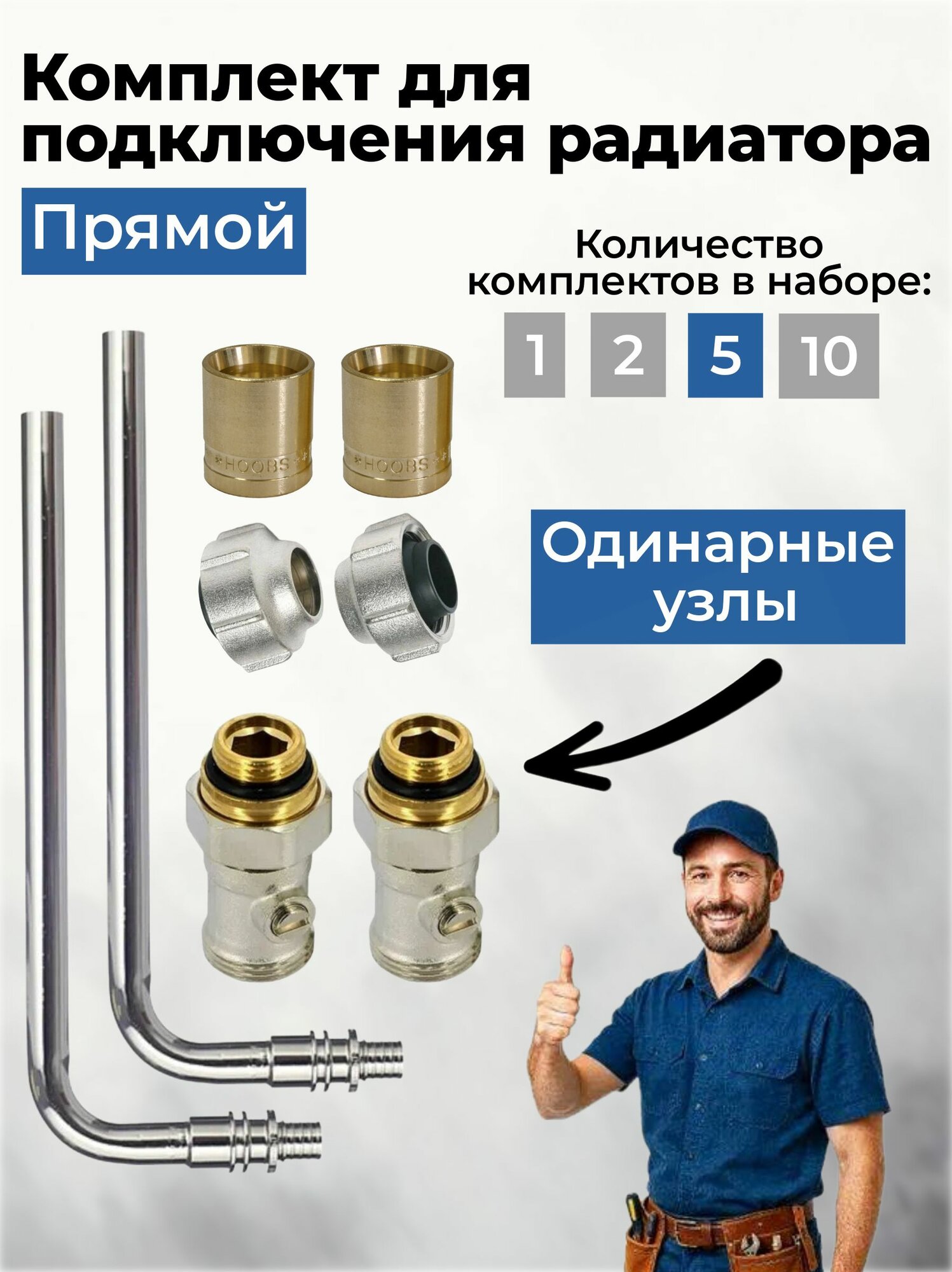 Трубка для подключения радиатора Г-образная 16/250 мм, Узел нижнего подключения радиатора, раздельный, прямой, 3/4"х1/2", евроконусами G3/4"- 15*1, гильзами 16 мм. 5 наборов