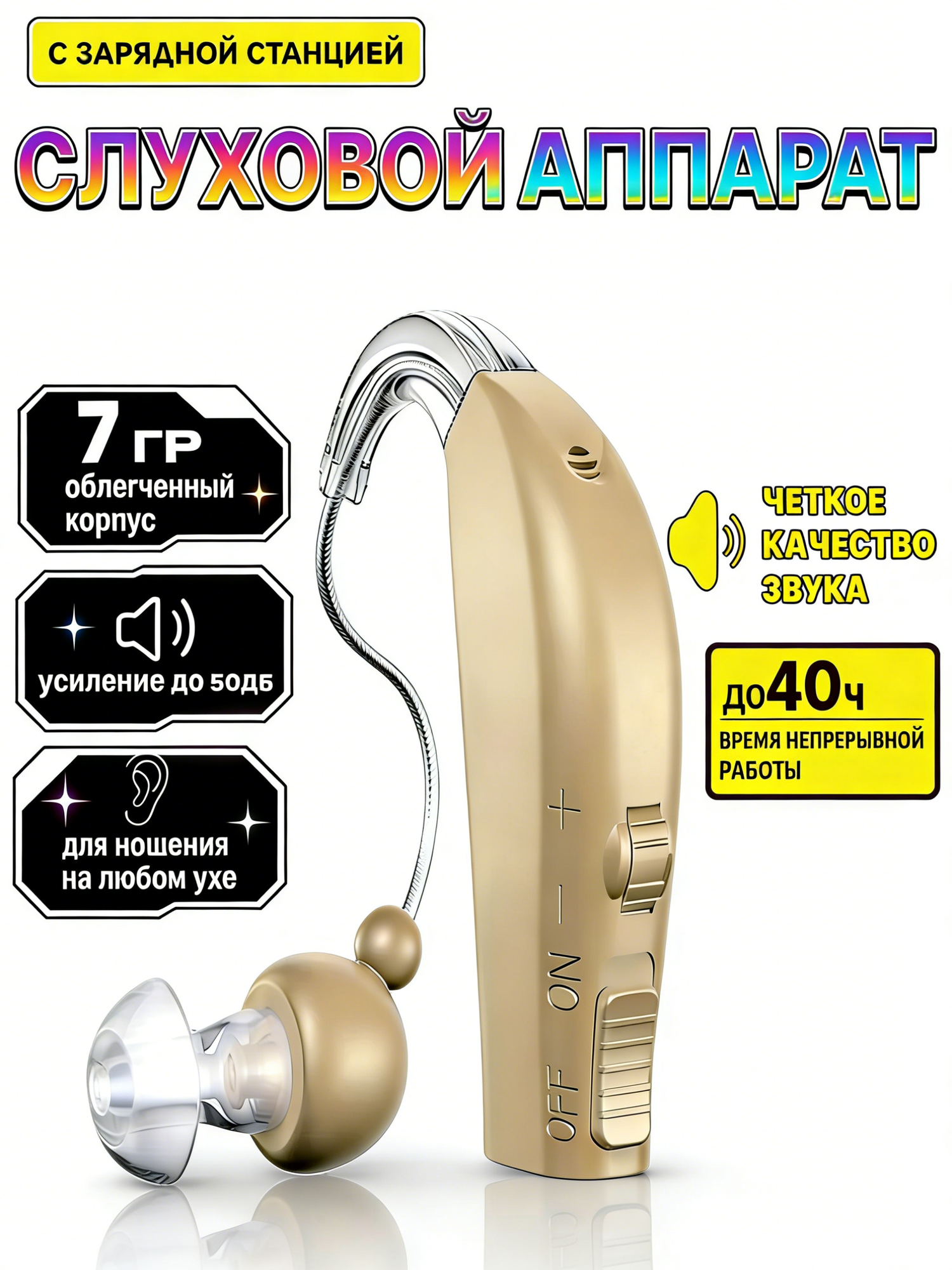 Слуховой аппарат, усиление звука до 30Х, влагозащита, мягкие амбушюры
