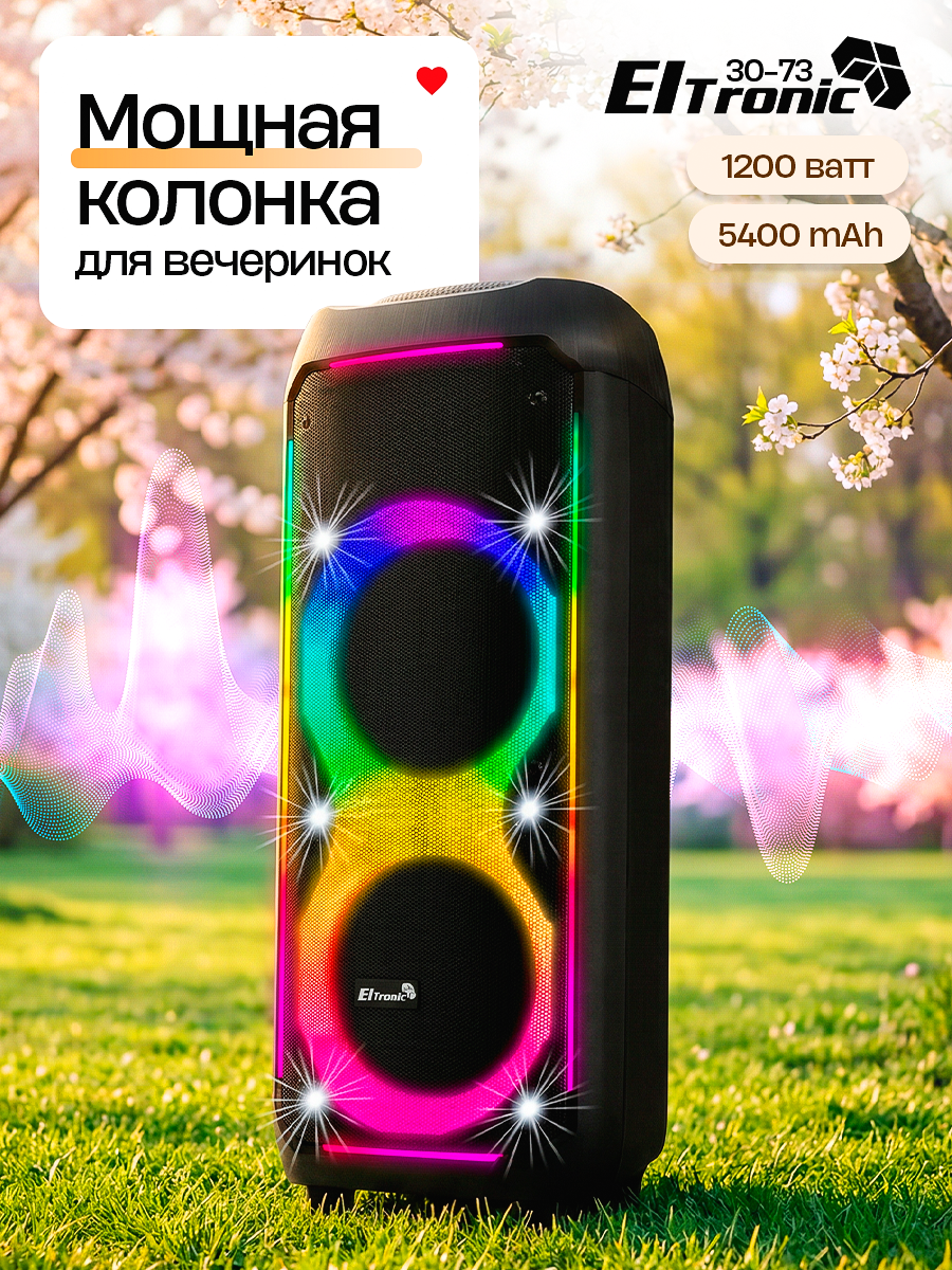 Колонка музыкальная, Bluetooth, караоке, FM радио, 2 микрофона, 120 Вт, TWS, ELTRONIC 30-73