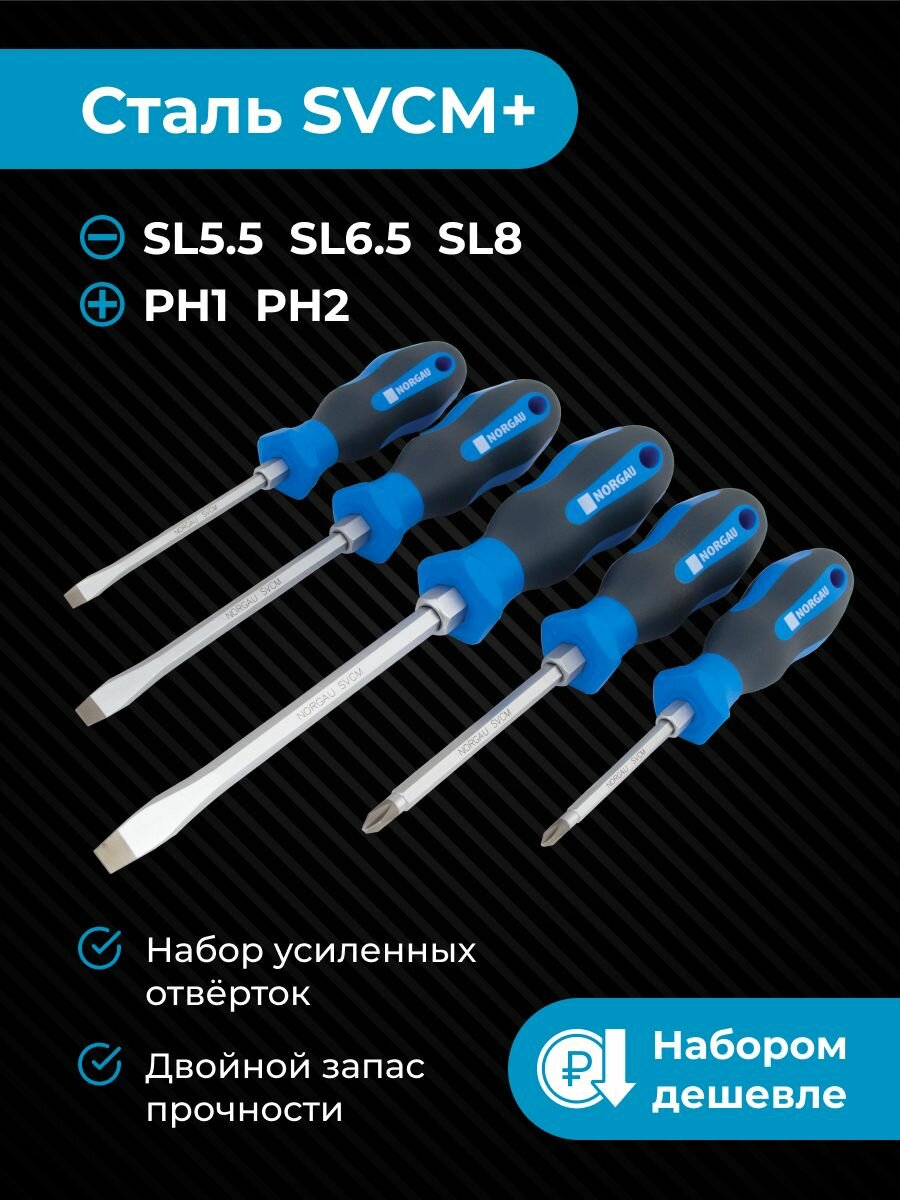 Набор отверток усиленных (SL+PH) NORGAU Industrial из стали SVCM 5 предметов