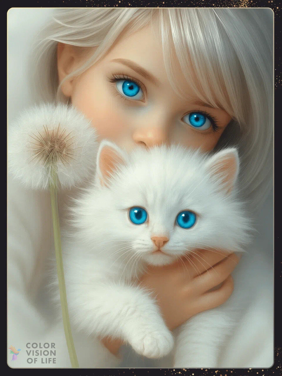 Алмазная мозаика 30x40 "Девочка с белым котенком"