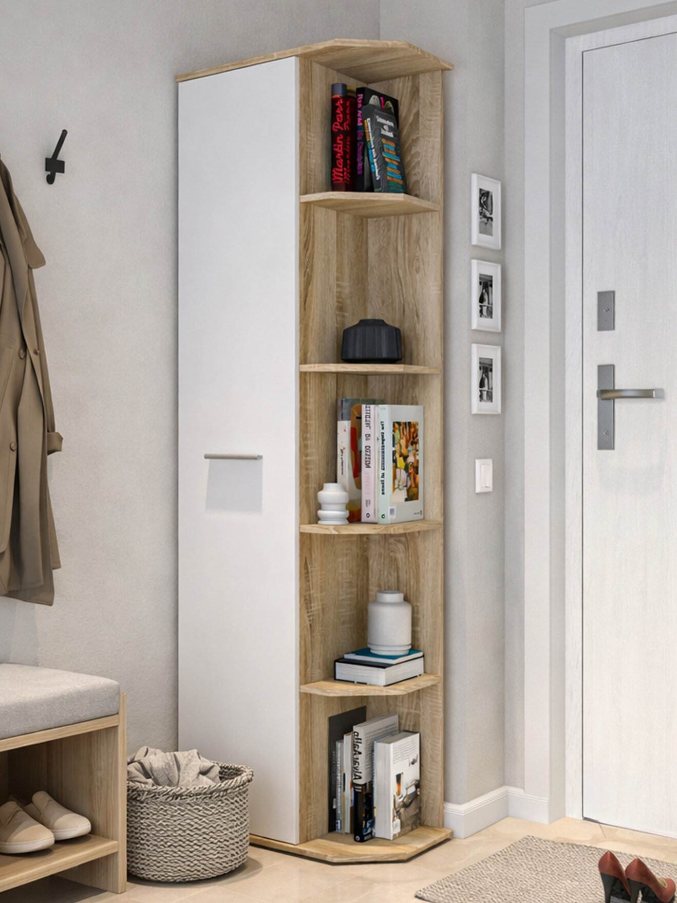 Шкаф торцевой столплит Мамбо СБ-2754 стеллаж с полками, с дверцей, кдсп Дуб Сонома/Белый, 55*191*35 см