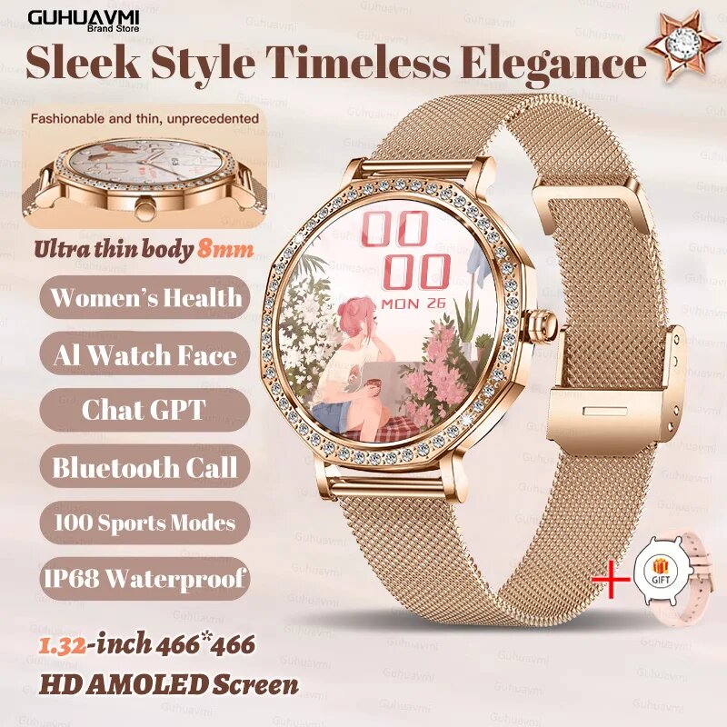 Умные часы GUHUAVMI Gold Mesh Belt, 1.32" AMOLED