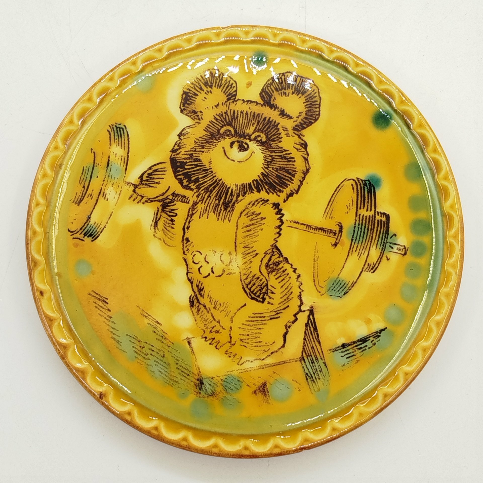 Панно настенное "Олимпийский Мишка" тяжелая атлетика, фаянс, деколь