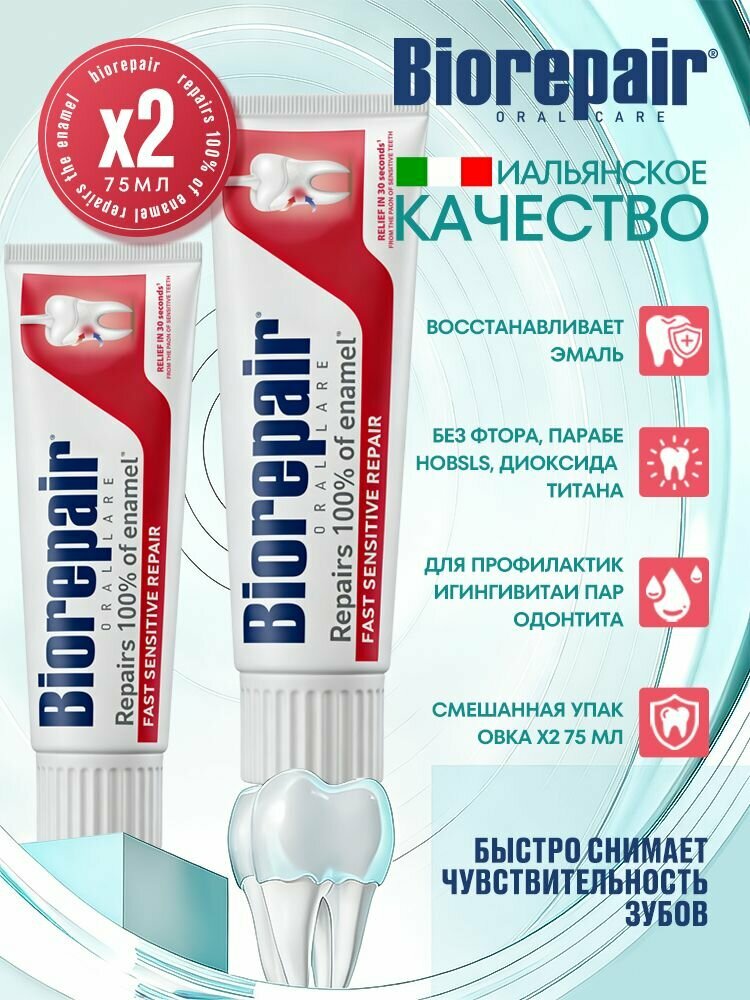 Зубная паста Biorepair Fast Sensitive Repair для чувствительных зубов, 75 мл, 2 шт