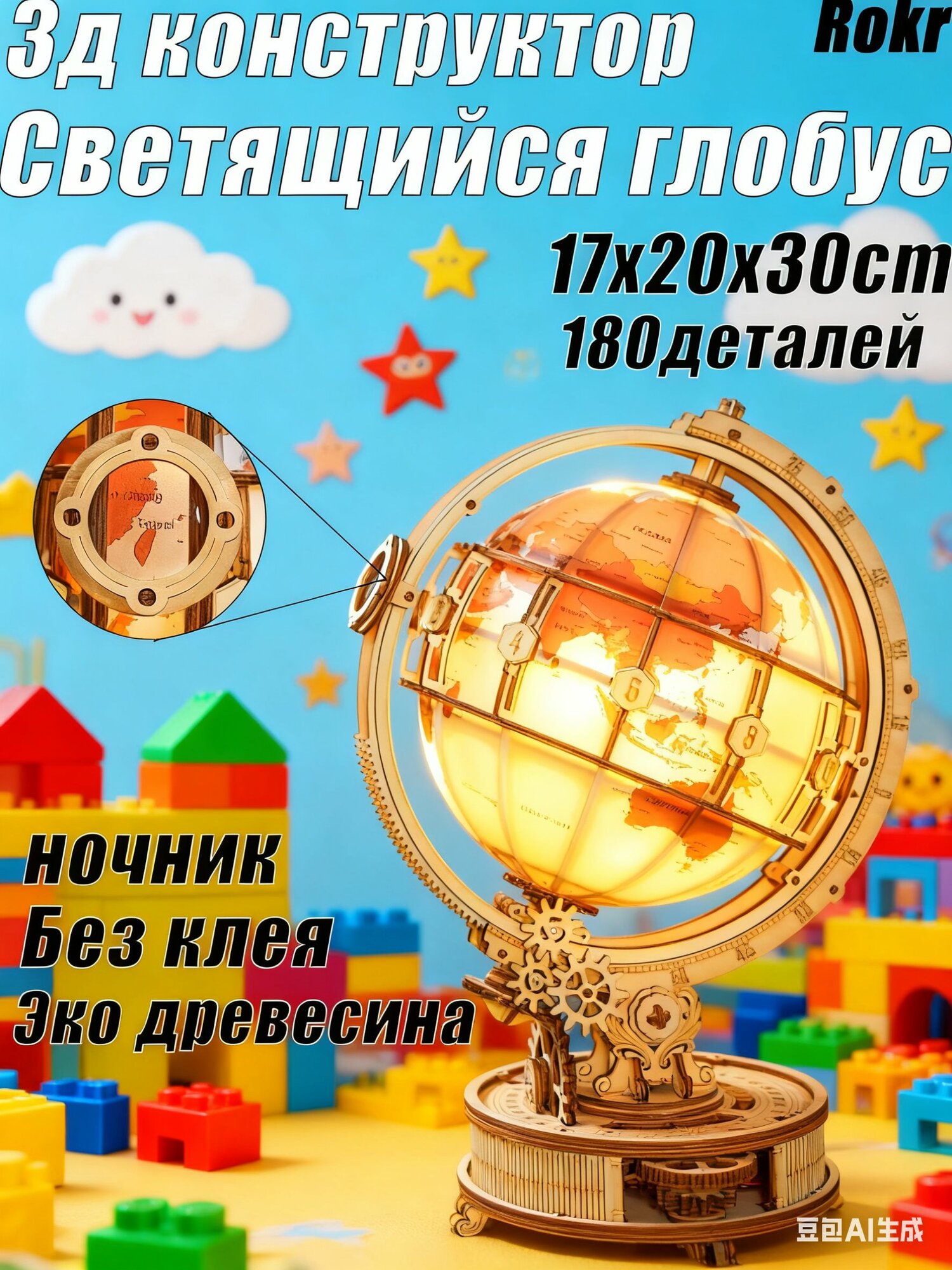 Конструктор Светящийся деревянный глобус : 3D-модель с LED-подсветкой, шестереночным механизмом и ретро-дизайном для сборки