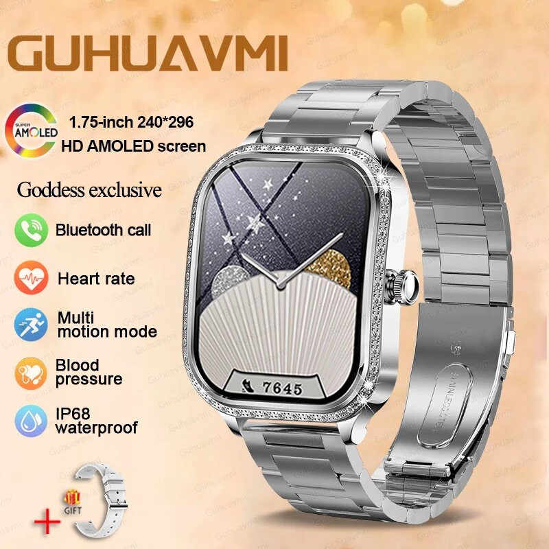 GUHUAVMI Smart Watch Silver Steel, 1.75" AMOLED