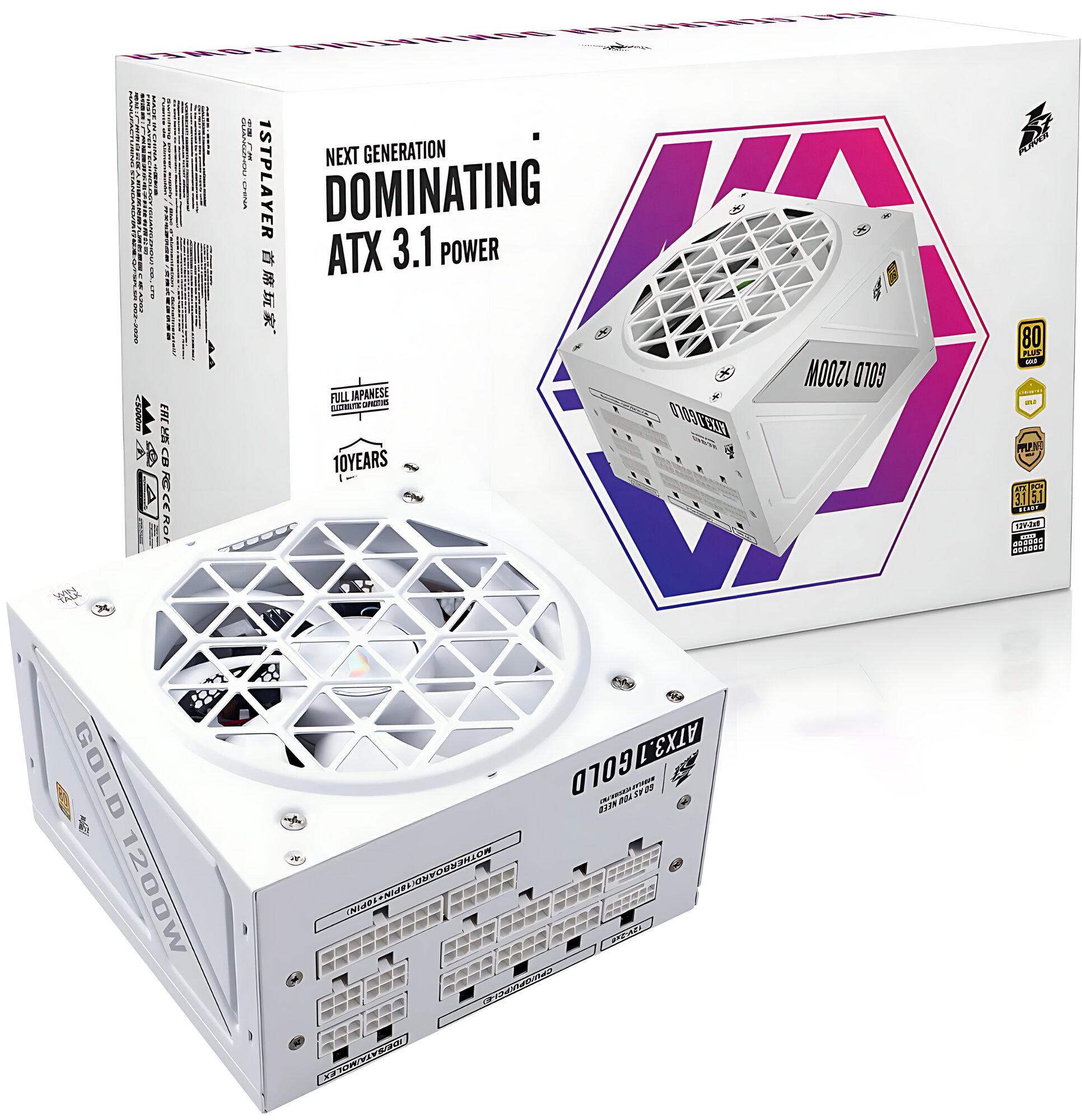 Блок питания 1STPLAYER 1200W NGDP White, модульный, 16 Pin PCIe 5.0, 80 PLUS Gold (HA-1200BA4-WH)