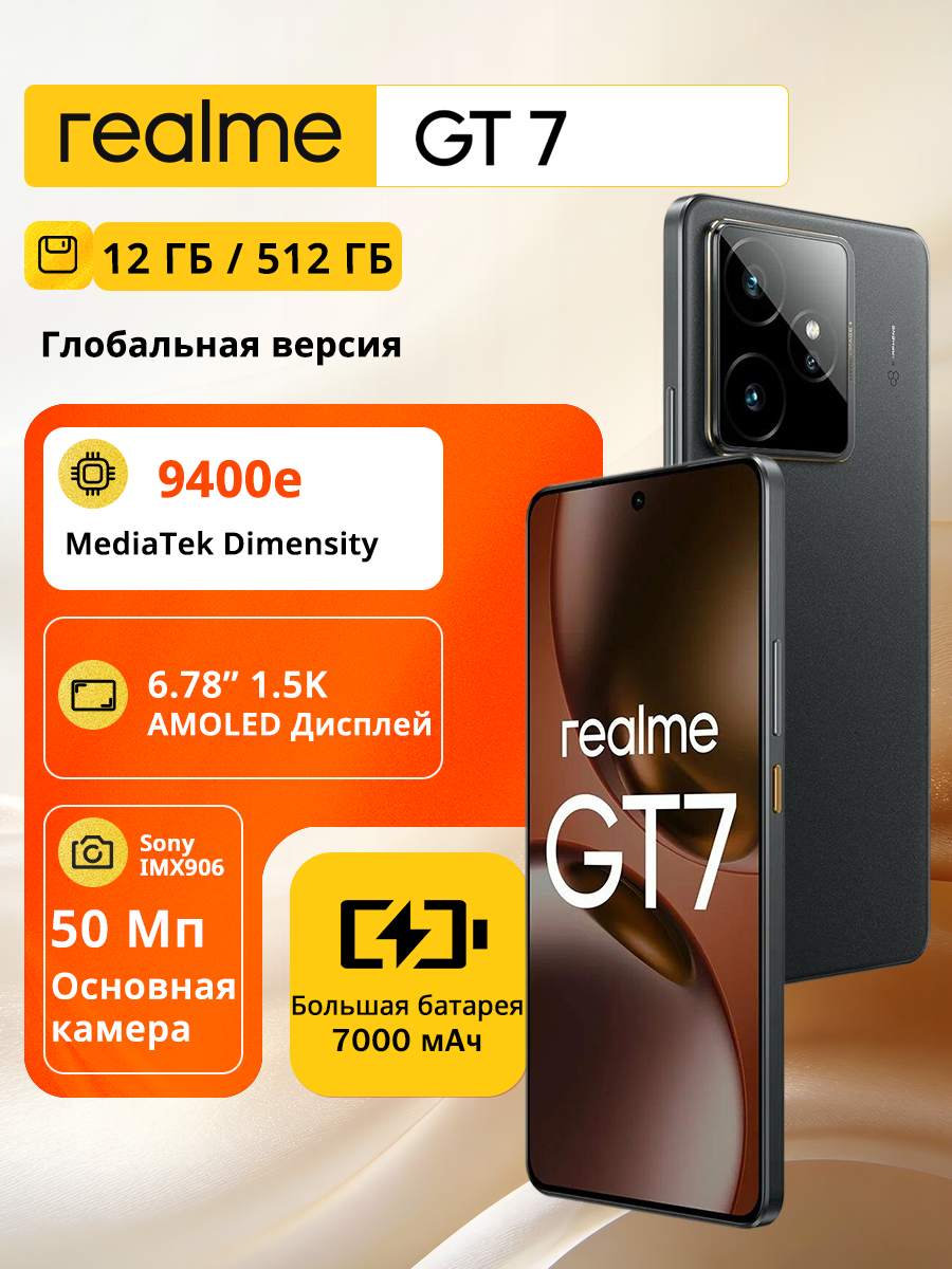 Смартфон realme GT7 5G NFC, MediaTek Dimensity 9400e, 7000 мАч 12/512 ГБ, черный матовый, черно-серый