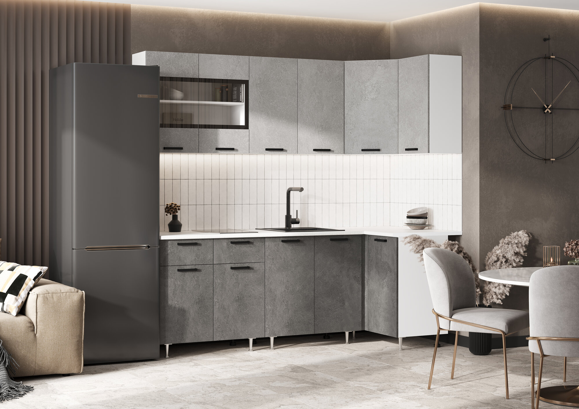 Кухня угловая "Эталон Рио"2,2 * 1.00 м , антарес, бетон светлый/бетон темный , ЛДСП.