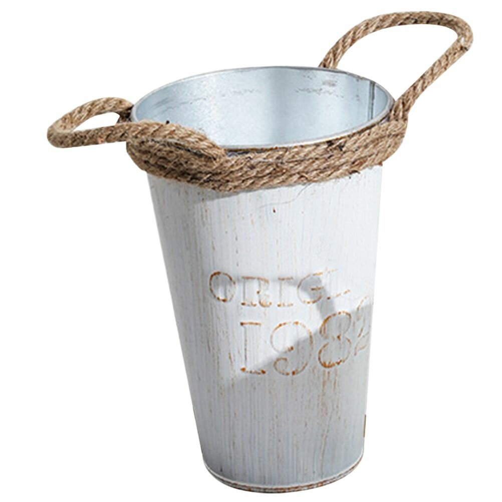 Белое металлическое декоративное ведро для цветов с ручкой из джутового каната для украшения