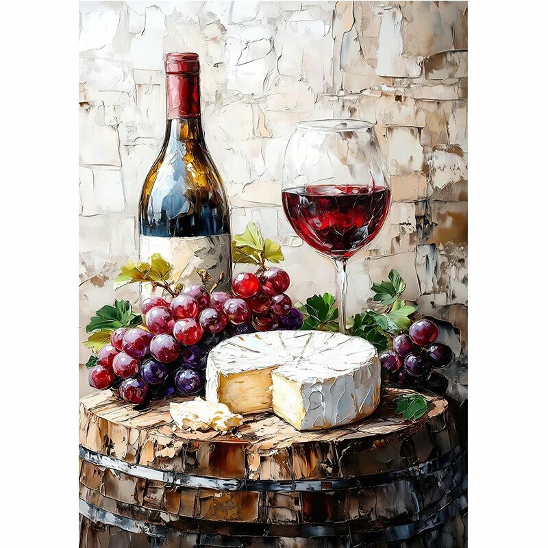 Натюрморт с вином и сыром, 20x30см, без рамы, зеленый