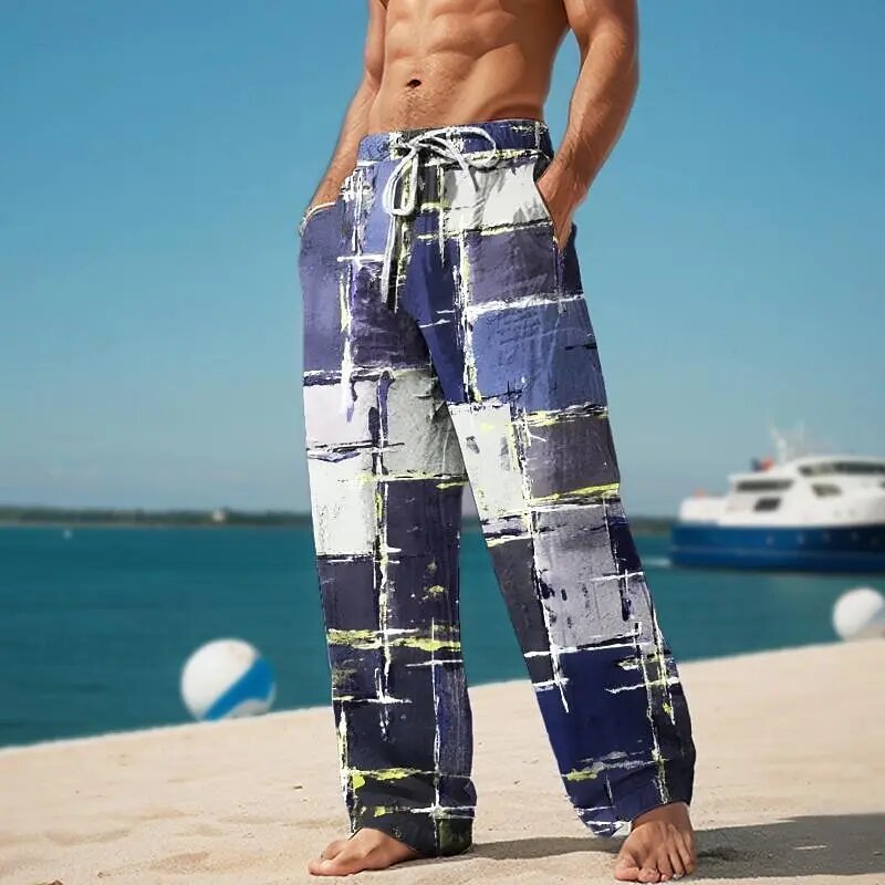 Мужские клетчатые брюки с цветными блоками, мешковатые брюки, повседневные брюки со средней талией, эластичные брюки на талии с завязками для мужчин, уличная осень