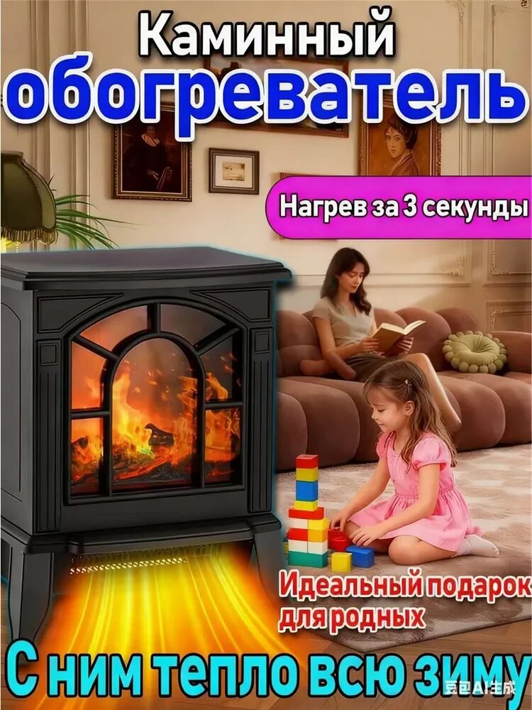 Электрокамин с обогревом напольный 1550Вт для дома, с эффектом живого огня