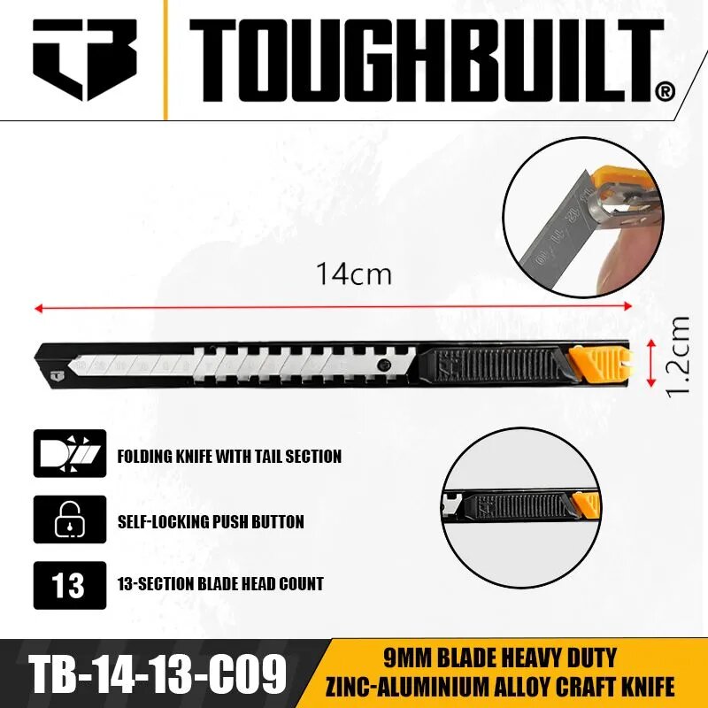 ToughBuilt TB-H4-13-C09 Прочный универсальный нож из цинк-алюминиевого сплава с лезвиями 9 мм, режущей кромкой 30 градусов, механизмом фиксации ползунка и 13-секционным складным лезвием.