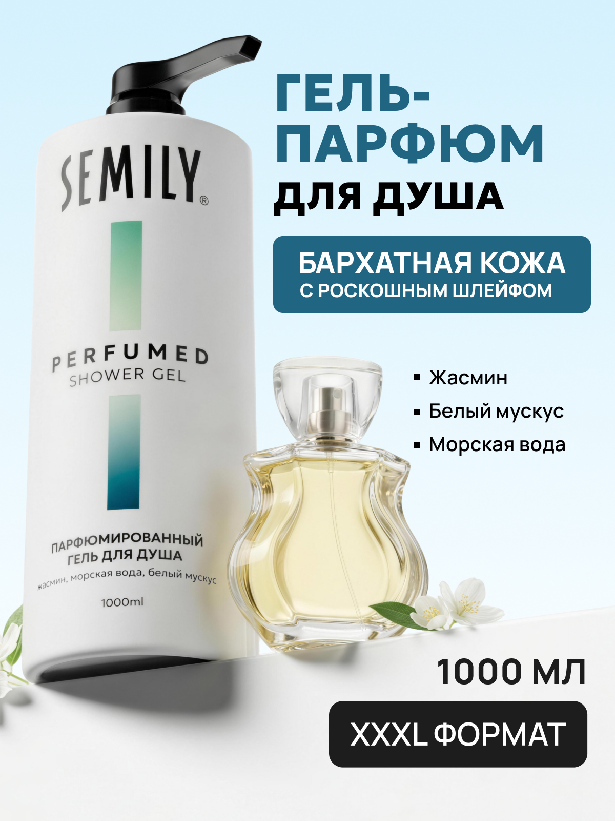 Увлажняющий гель для душа SEMILY 1л, парфюмированный уход для чувствительной кожи с пантенолом