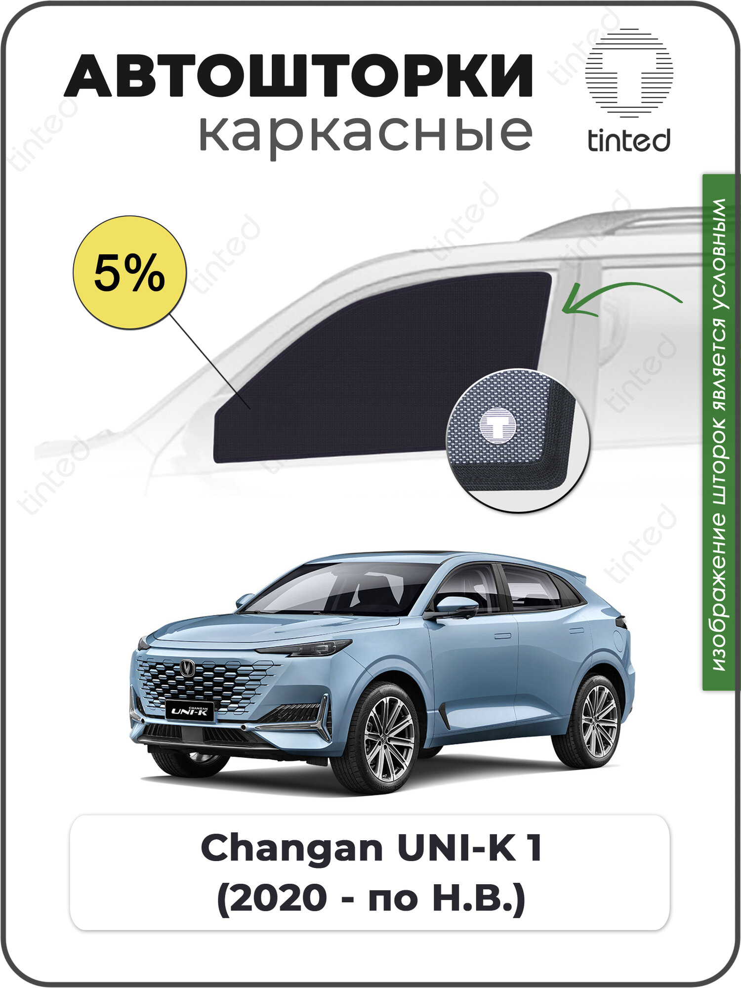 Шторки на автомобиль боковые Changan UNI-K 1 (2020 - по Н. В.) на передние двери 5%, сетки от солнца в машину Чанган Юни-К, Каркасные автошторки Tinted