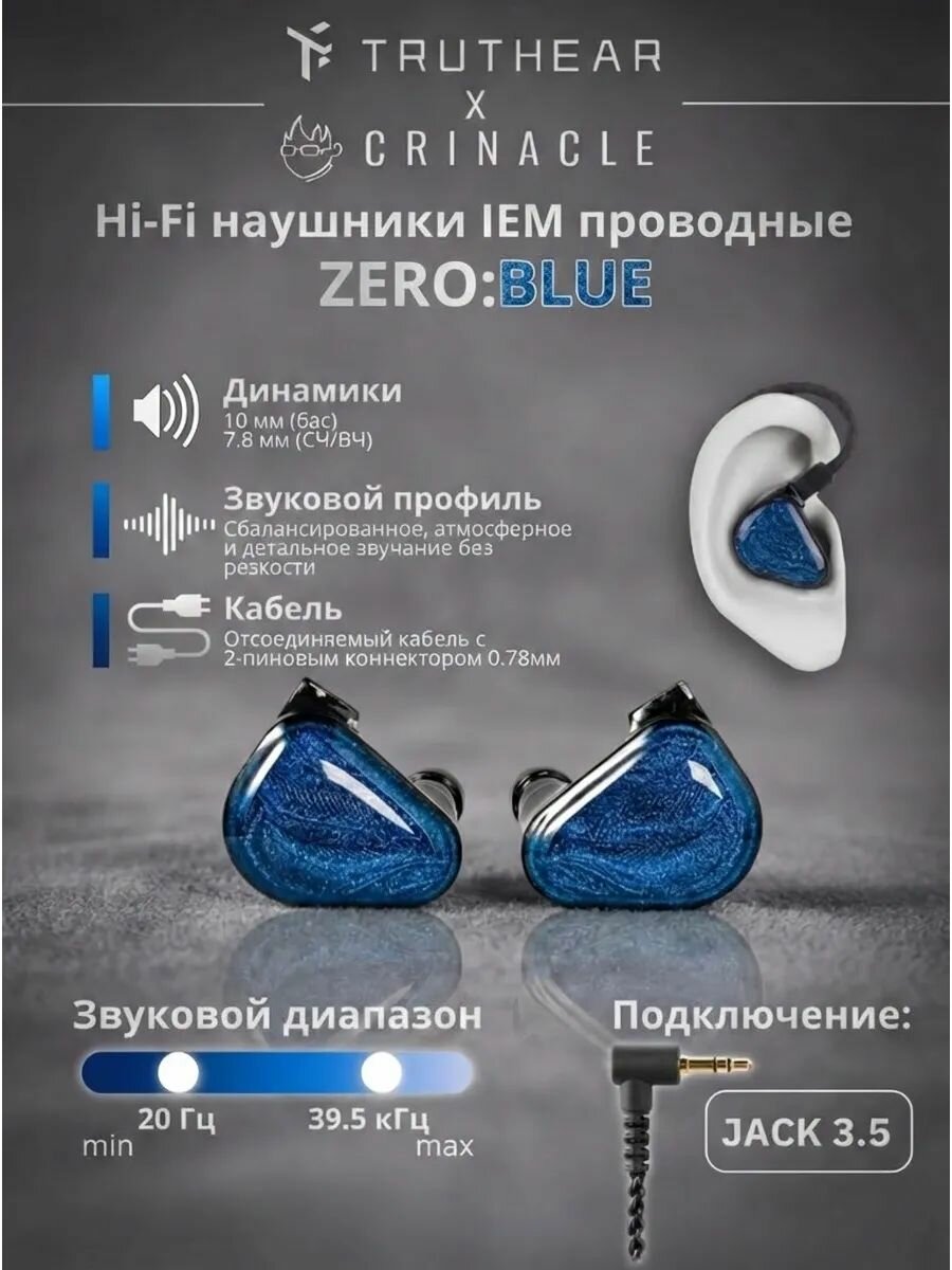 TRUTHEAR x Crinacle ZERO, синий, проводные наушники Hi-Fi