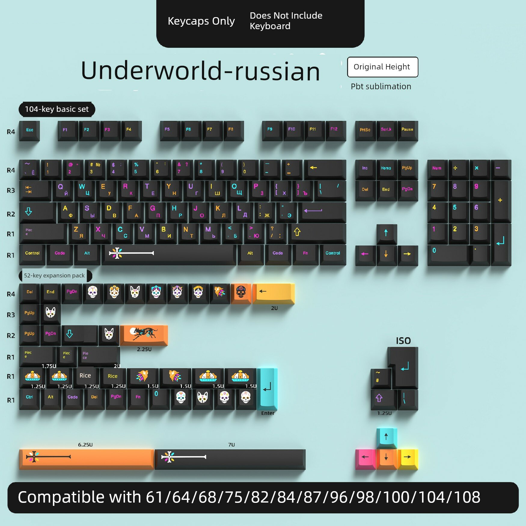 Underworld 156-Клавишный Набор Клавиатурных Капотиков для Русской Раскладки, Прочный Пластик, Совместим с Механическими