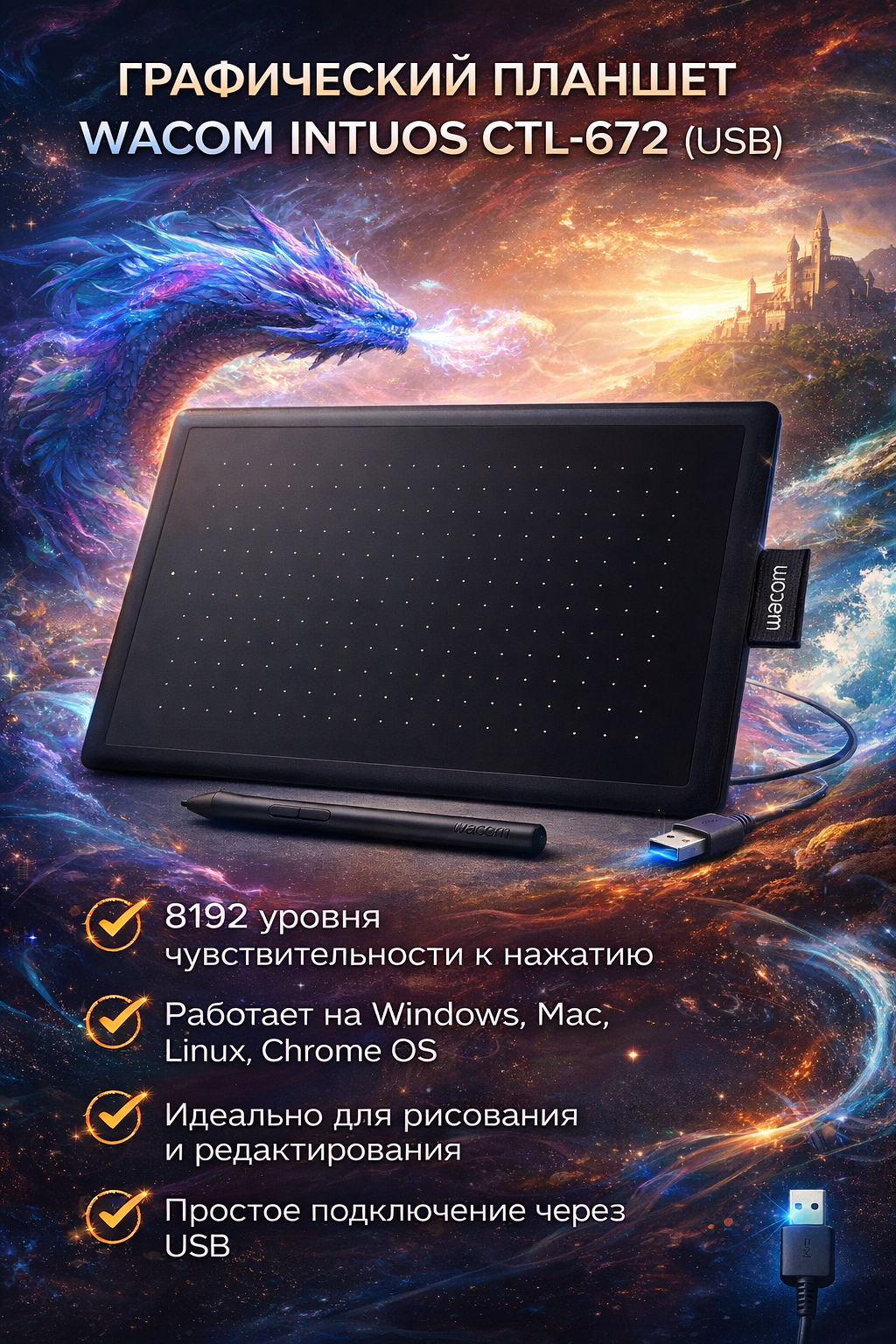 Графический планшет для рисования Wacom CTL-672 One Medium, A5, 2048 уровней, перо без батареи, для начинающих