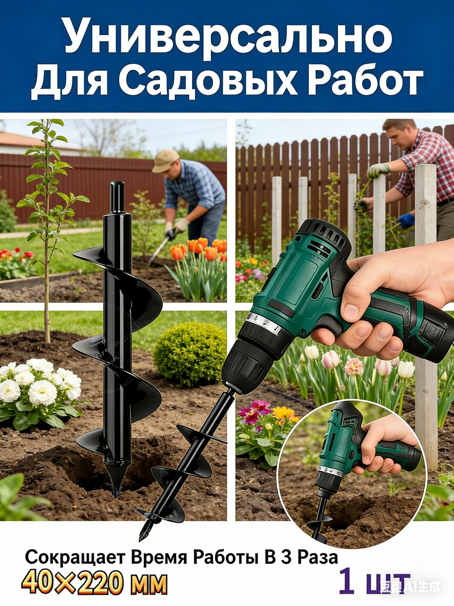 Бур садовый шнековый 40x220мм, бур садовый для шуруповерта, бур для столбов ручной