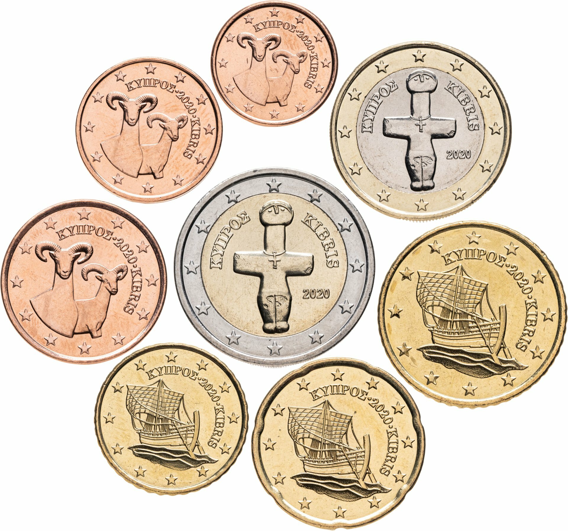 Кипр годовой набор монет евро 2020 8 штук, Биметалл, нордик, сталь с медным покрытием, в сохранности UNC