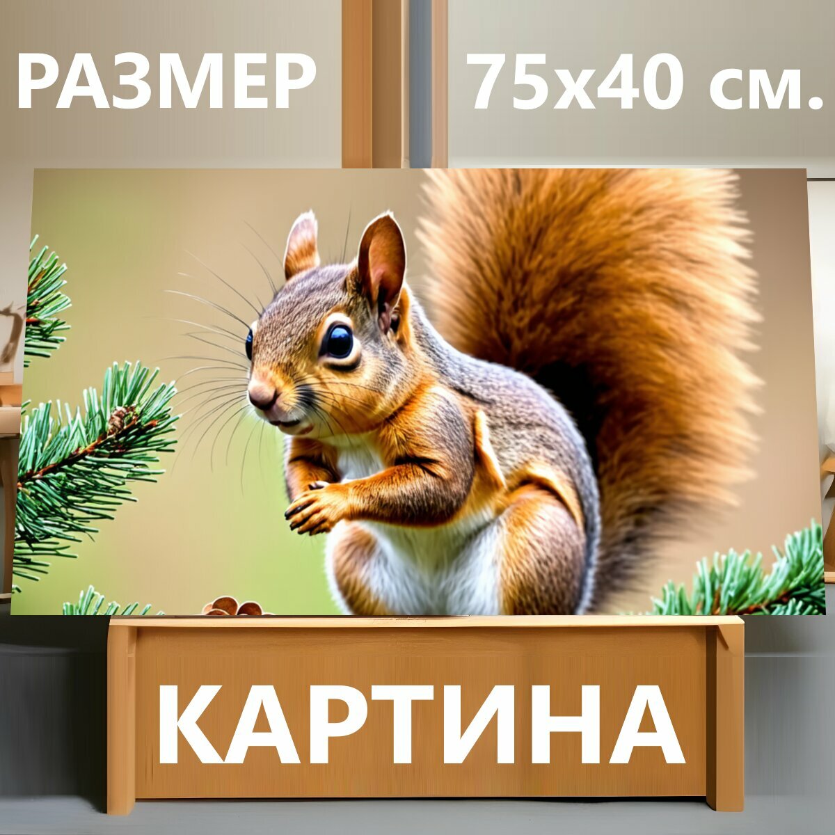 Картина на холсте "Веселая белка с пушистым рыжим хвостом сидит на ветке елового дерева, окруженная зелеными иглами и шишками. На заднем плане." на подрамнике 75х40 см. для интерьера