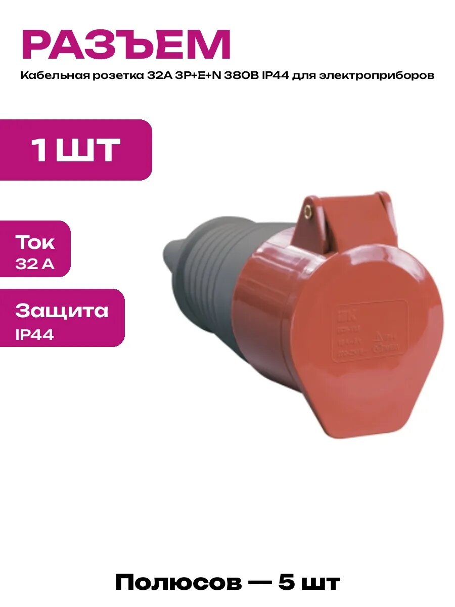 Силовой разъем розетка кабельная 32А 5 полюсов 380В IP44 ИЭК